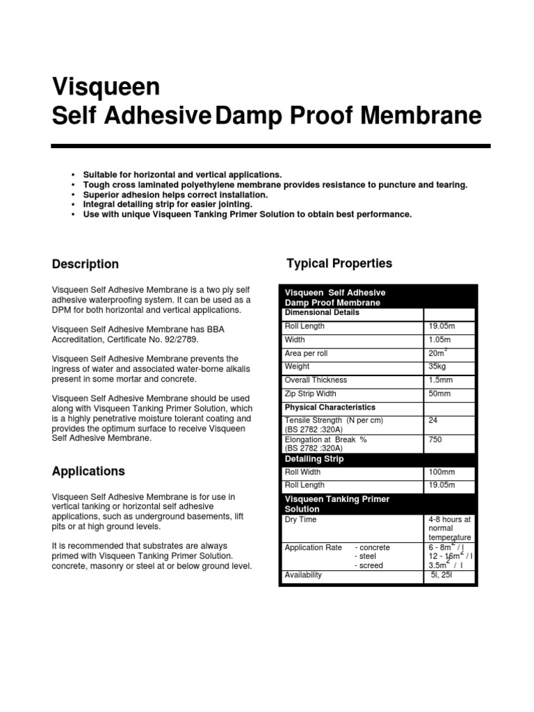 Visqueen Self Adhesive Damp Proof Membrane: Description Typical ...