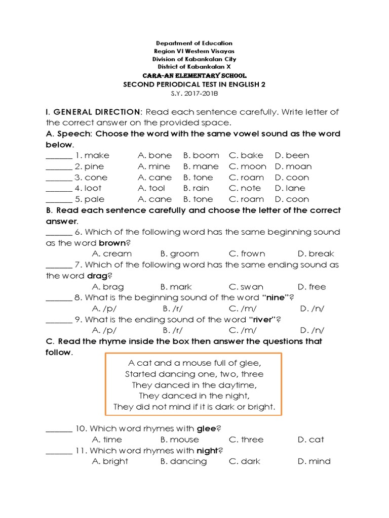 Second Grading Exam in English 2 | PDF