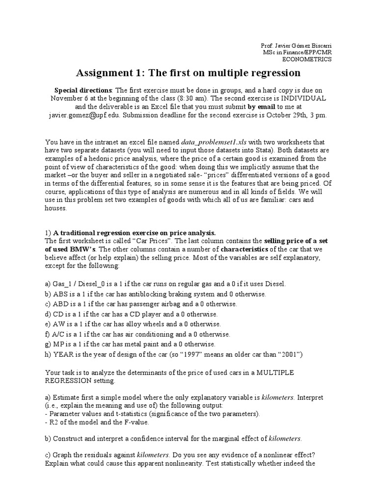 Assignment 1 | PDF | Dependent And Independent Variables | Regression Analysis