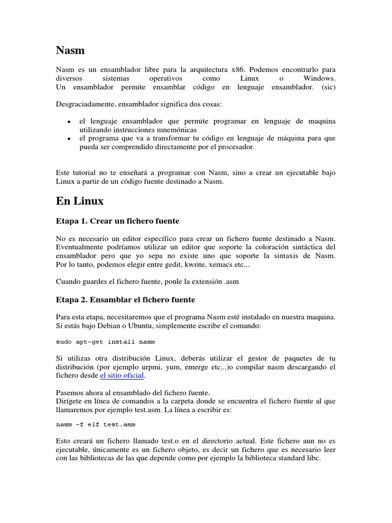 Tutorial de Nasm en Linux | PDF | Lenguaje ensamblador | Distribución ...