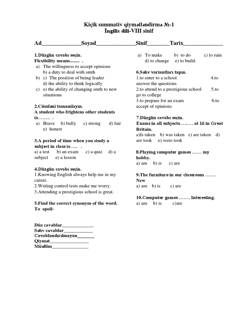 KSQ - 1 İngilis Dili VIII Sinif Qasımov Ramin | PDF