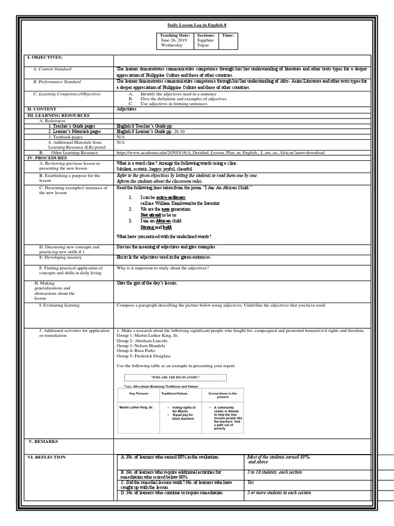 Adjectives Lesson Plan | PDF | English Language | Learning