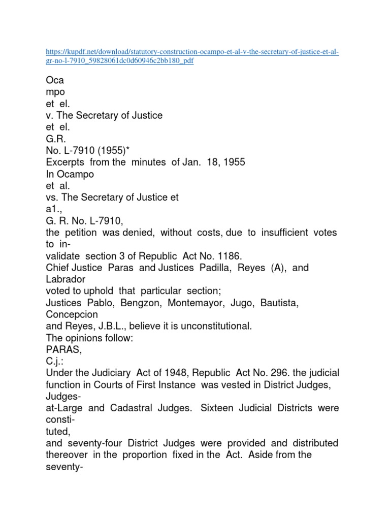 Ocampo V Secretary of Justice 1955 | PDF | United States Constitution ...