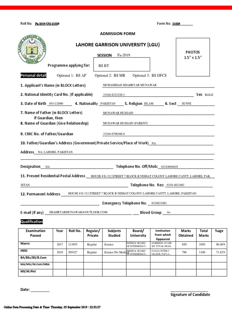 Lahore Garrison University (Lgu) : Admission Form | PDF | Bachelor Of ...