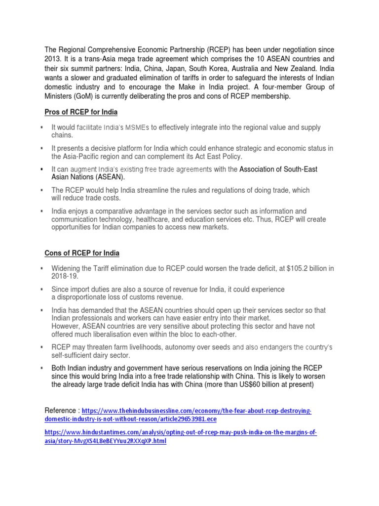 Pros and Cons-Rcep | PDF | Association Of Southeast Asian Nations | Tariff
