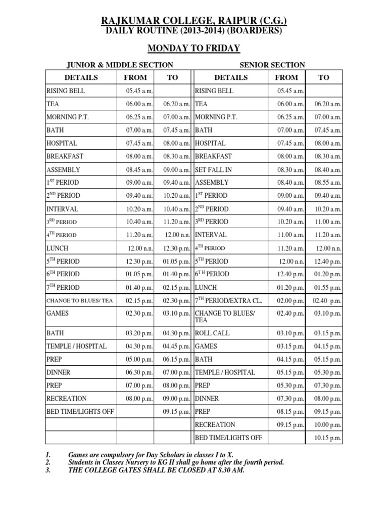Daily Schedule for Boarding Students at Rajkumar College in Raipur ...