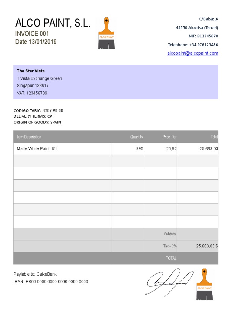 Alco Paint, S.L.: Invoice 001 Date 13/01/2019 | PDF