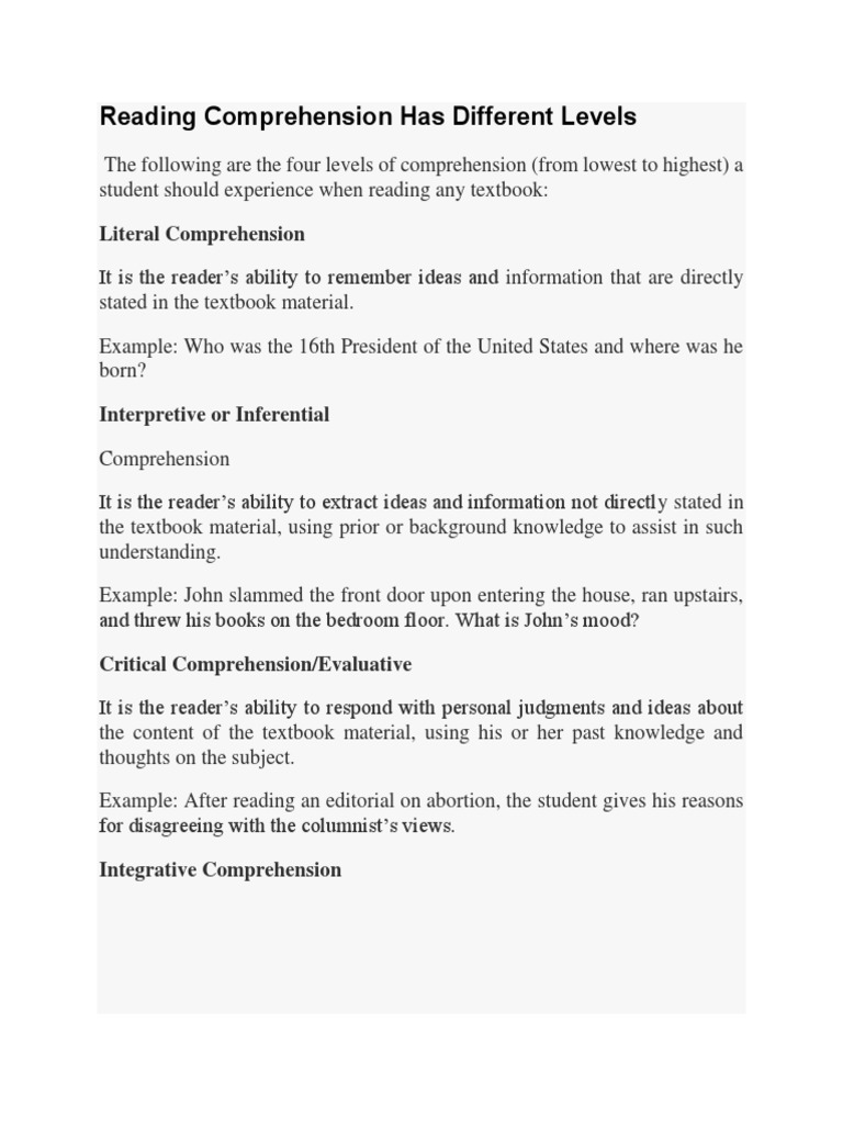 Reading Comprehension Has Different Levels | PDF | Textbook | Reading ...