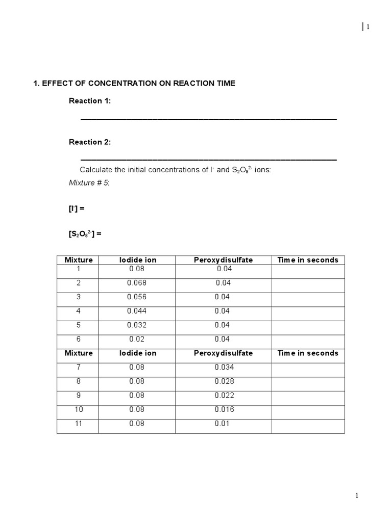Effect of Concentration On Reaction Time Reaction 1:: Mixture # 5 | PDF ...