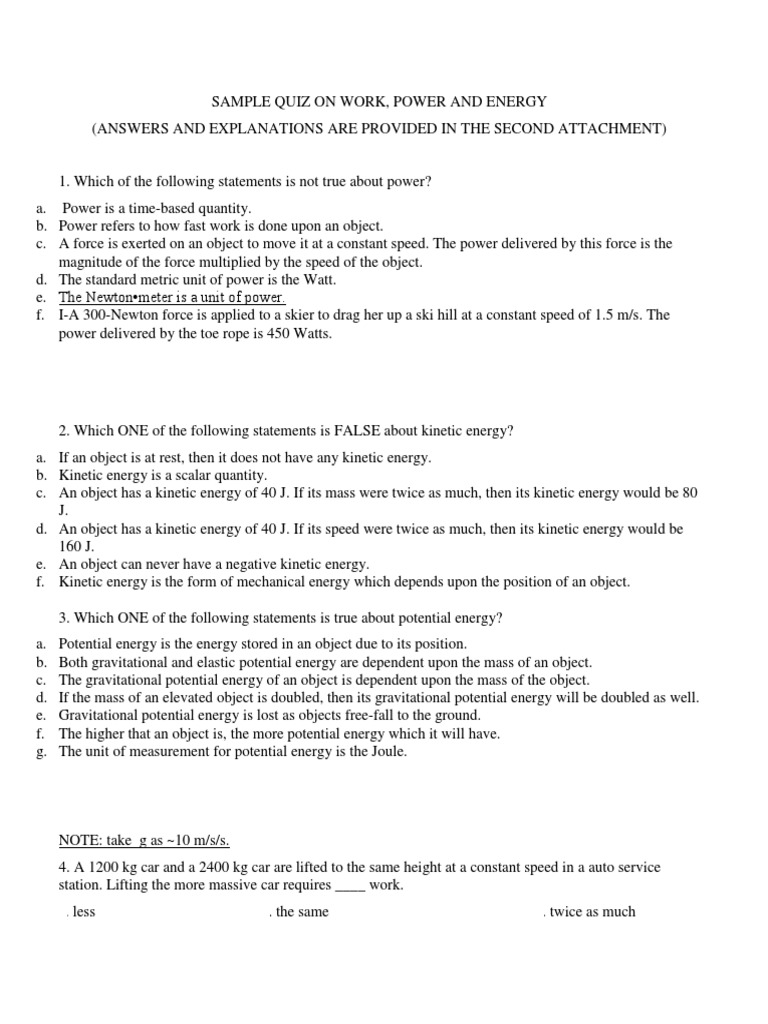 Sample Quiz | PDF | Potential Energy | Kinetic Energy