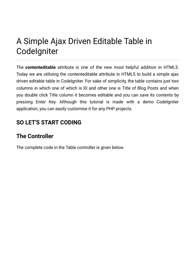 A Simple Ajax Driven Editable Table in CodeIgniter - ShareurCodes | PDF | Ajax (Programming ...