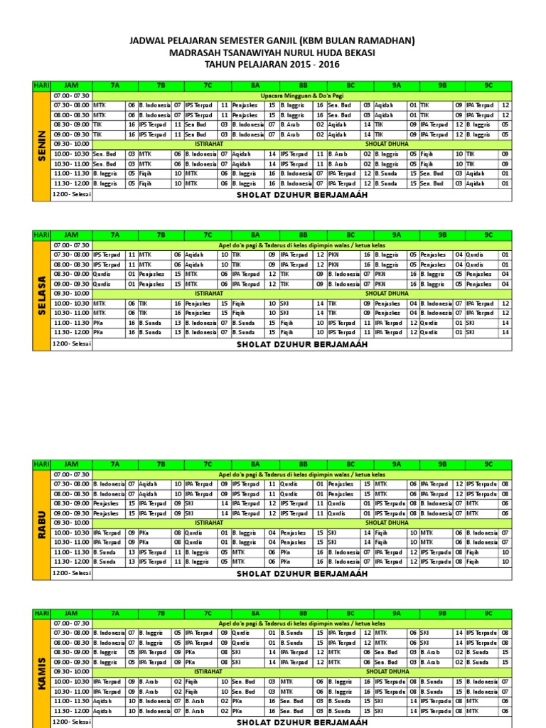 JADWAL PELAJARAN BULANAN | PDF