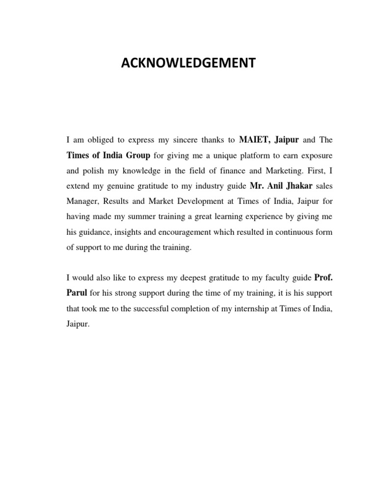 Acknowledgement: Times of India Group For Giving Me A Unique Platform ...