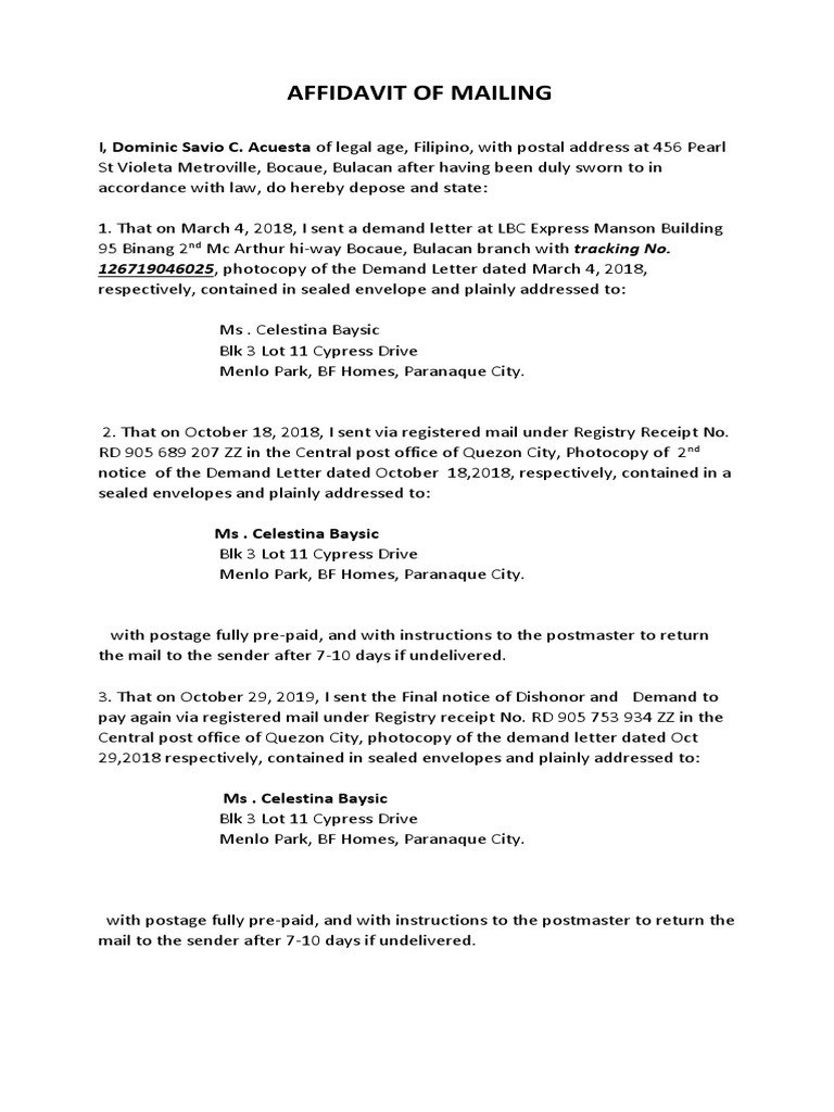 Affidavit of Mailing | Registered Mail | Mail