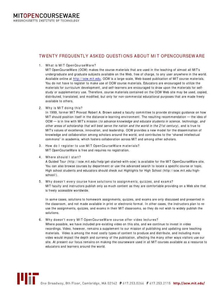 Twenty Frequently Asked Questions About Mit Opencourseware | PDF ...