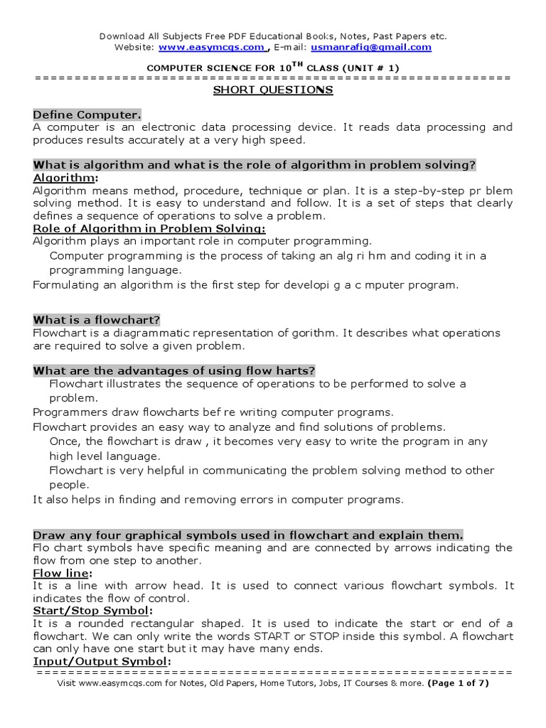 Computer Science 10th Class Chapter 01 Short Questions Answers | PDF ...