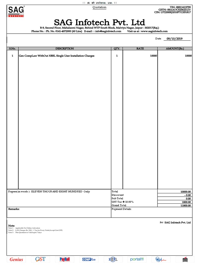 SAG Infotech Pvt. LTD: Quotation | PDF