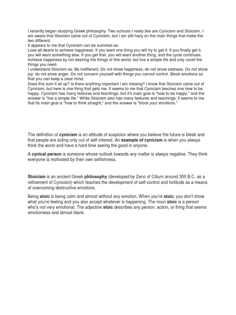 Differences Between Stoicism and Cynicism | PDF