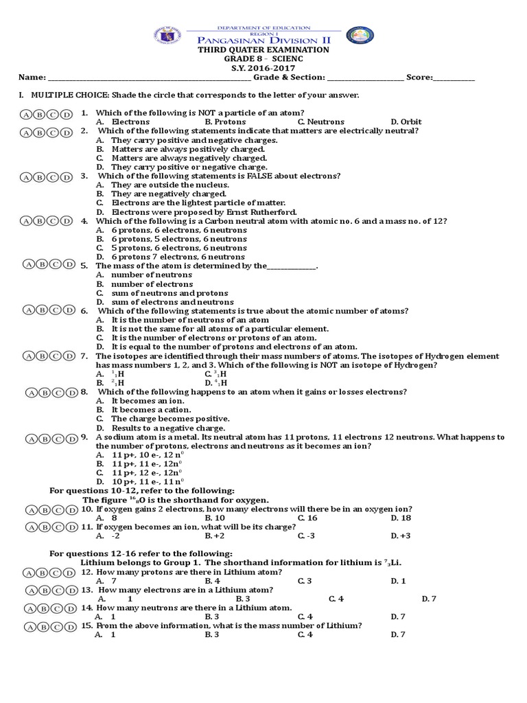 8 Science 3rd & 4th Quarter Exam - Final | PDF | Meiosis | Atoms