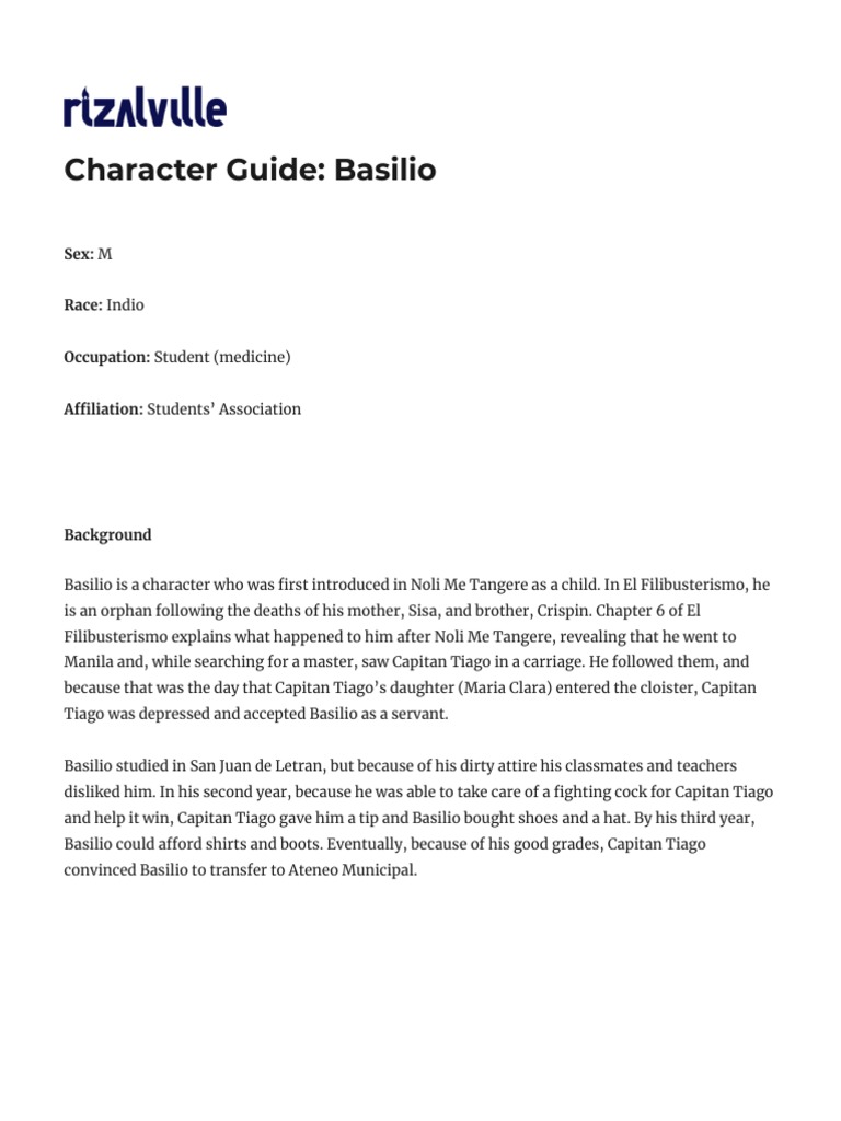 Character Guide: Basilio: Sex: M Race: Indio Occupation: Student ...