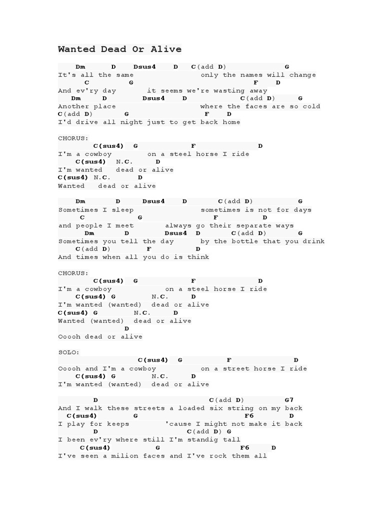 Wanted Dead or Alive Chords & Lyrics | PDF | Elements Of Music | Music ...