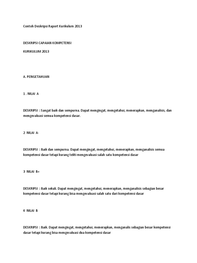Contoh Deskripsi Raport Kurikulum 2013 | PDF