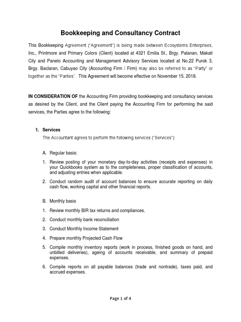 Bookkeeping and Consultancy Contract | Bookkeeping | Accounting