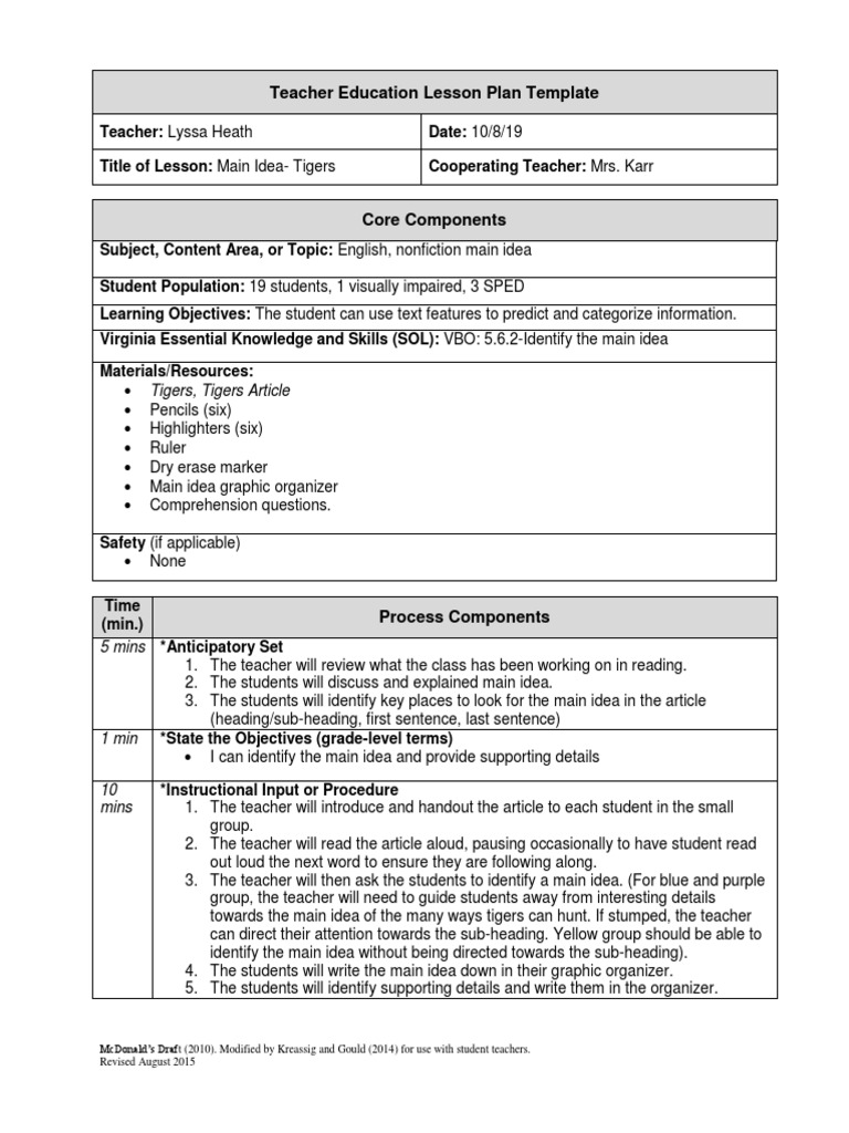Main Idea Lesson Plan for Tigers | PDF | Reading Comprehension ...