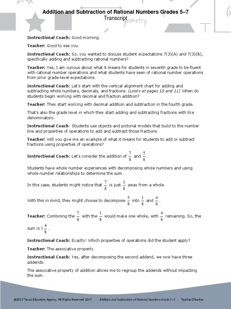 Addition and Subtraction of Rational Numbers Grades 5 - 7: Transcript ...