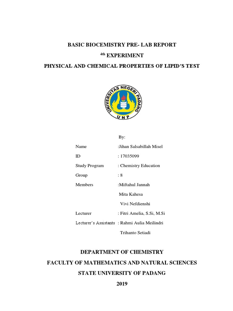 Basic Biocemistry Pre-Lab Report Experiment Physical and Chemical ...
