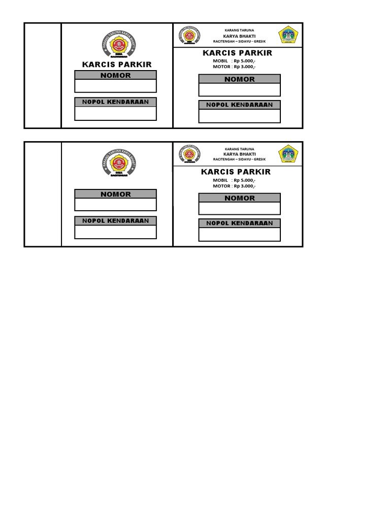 Contoh Karcis Parkir Karang Taruna | PDF