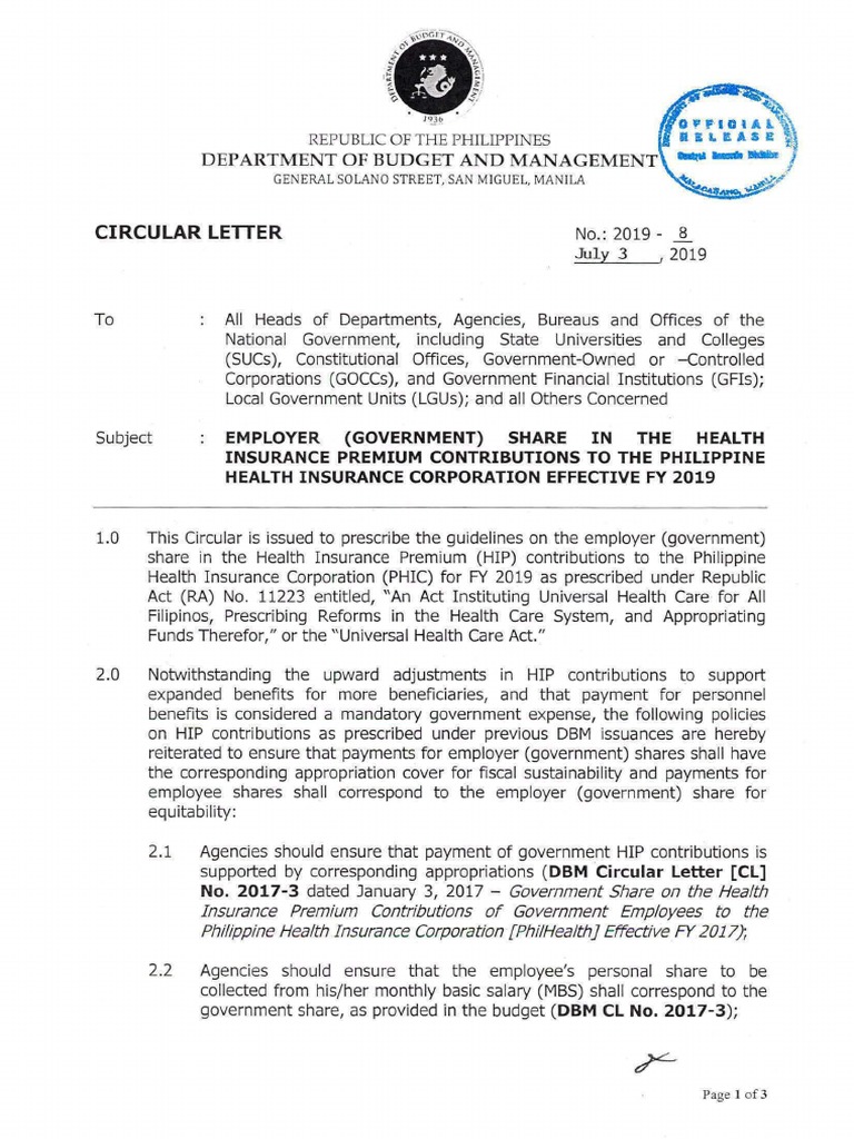 DBM CL No. 8, S. 2019 (Employer Share On PHIC) | PDF | Universal Health ...