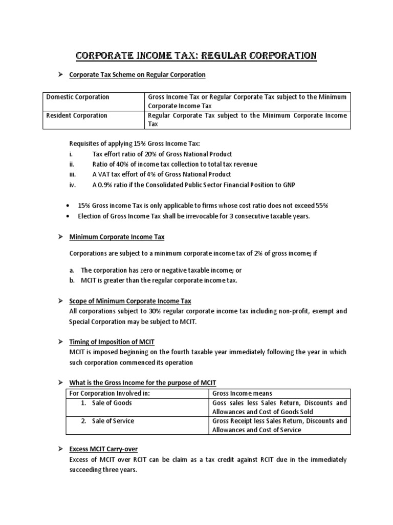 Corporate Income Tax: Regular Corporation | PDF | Corporate Tax ...