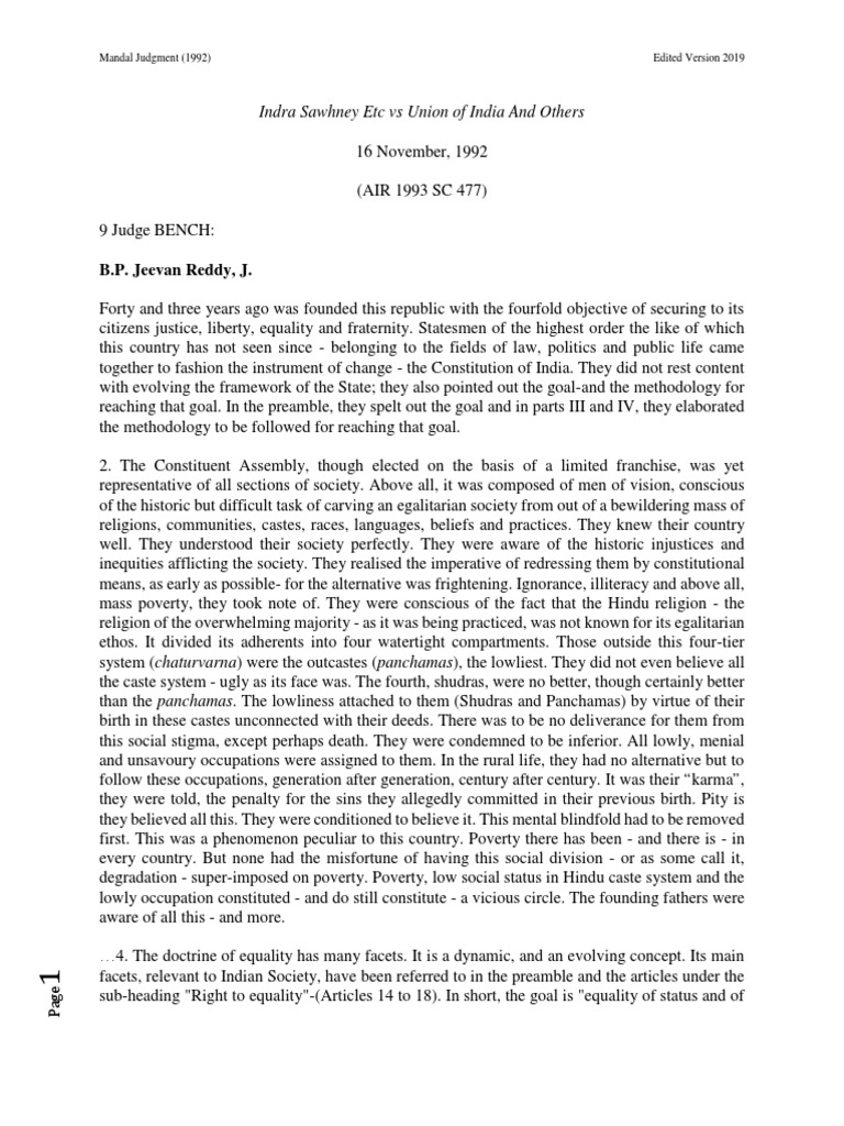 Indra Sawhney (Mandal Judgment) Read Finl | PDF | U.S. State | United ...