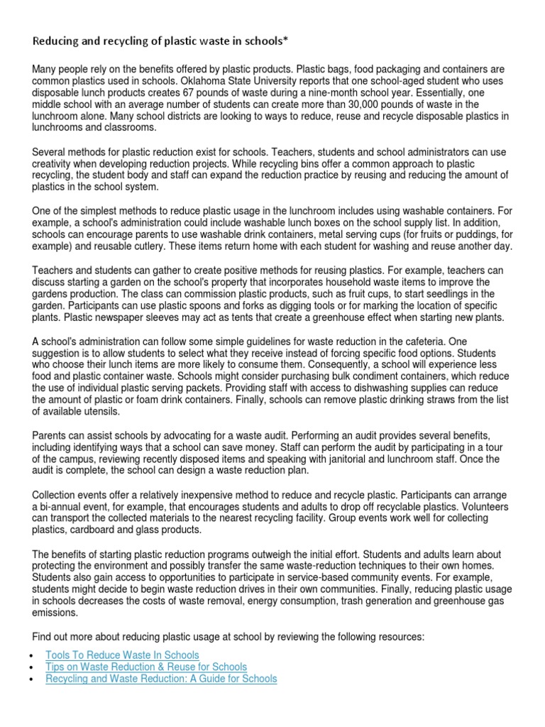 Reducing and Recycling of Plastic Waste in Schools | PDF | Recycling ...