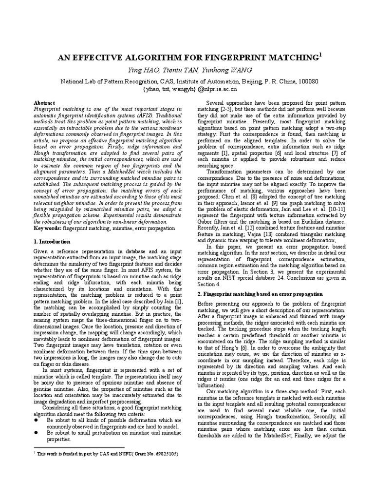 Ying, Hao - An Effective Algorithm For Fingerprint Matching (PDF) PDF ...