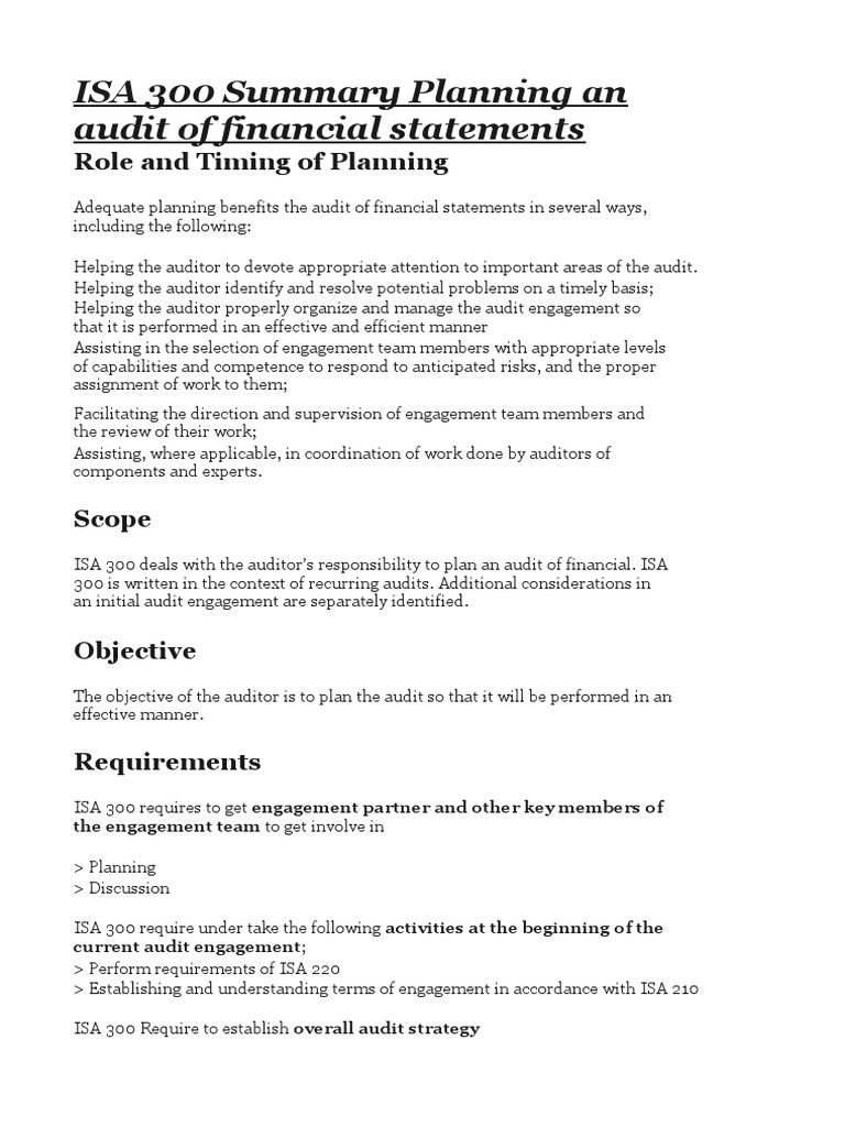 ISA 300 Summary Planning An Audit of Financial Statements | PDF ...
