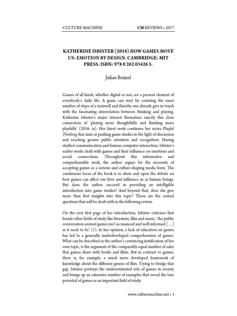 Katherine Isbister (2016) How Games Move Us: Emotion by Design ...