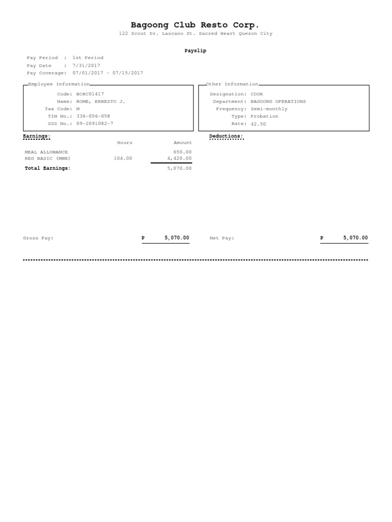 Bagoong Club Resto Corp.: Payslip | PDF