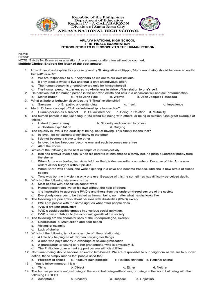 Final Exam in Introduction To Philosophy of The Human Person | PDF ...