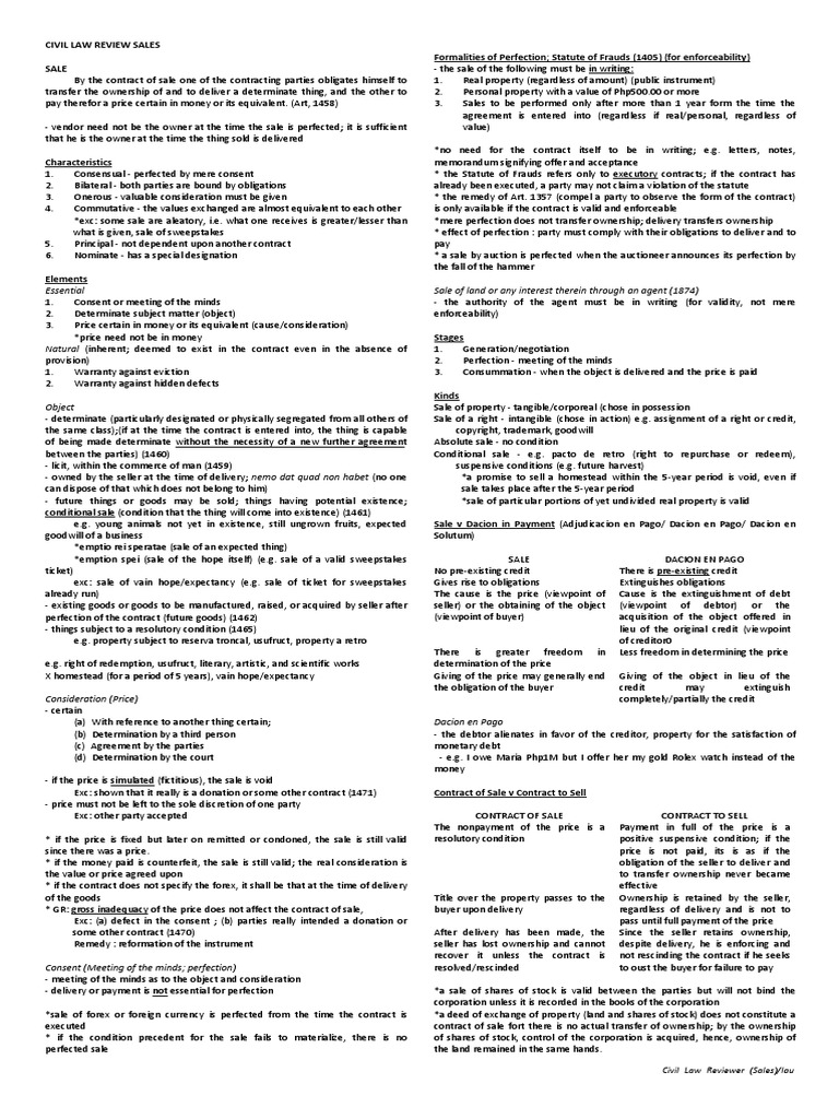 Law On Sales Reviewer | PDF | Assignment (Law) | Ownership