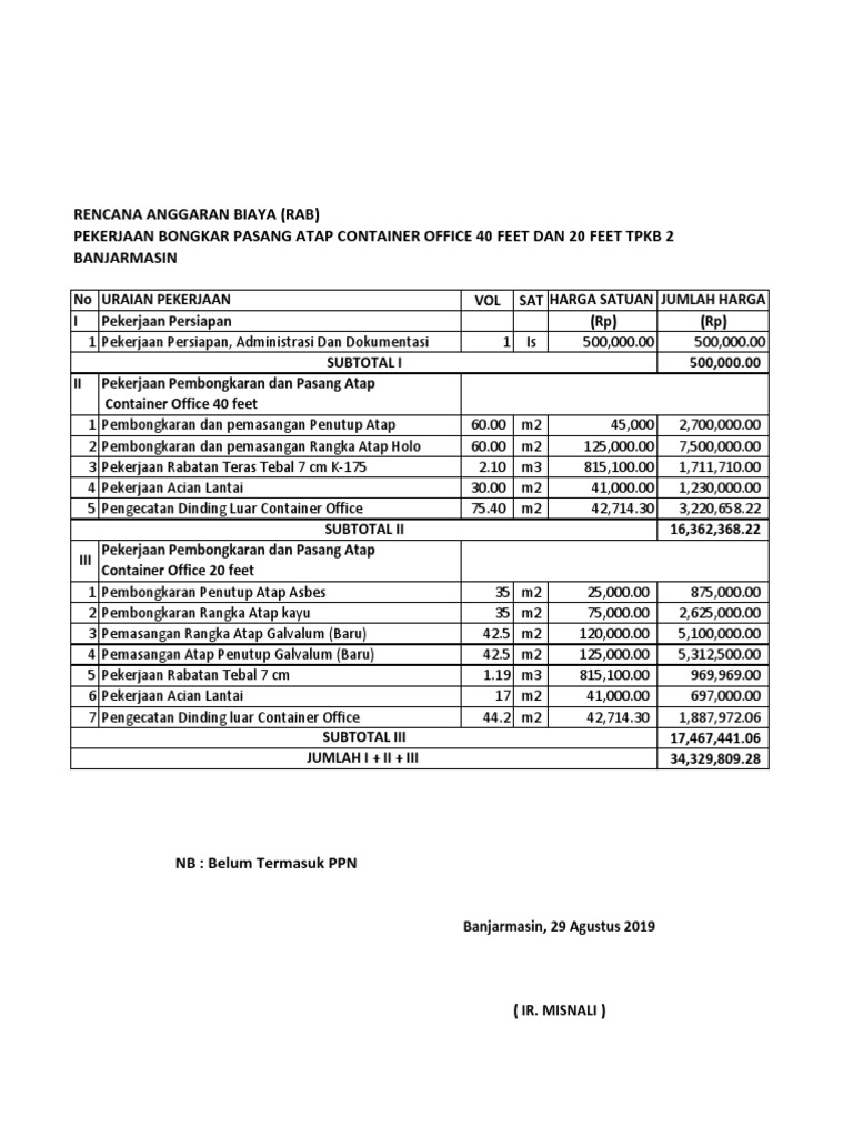 RAB Pekerjaan Atap Container Office | PDF