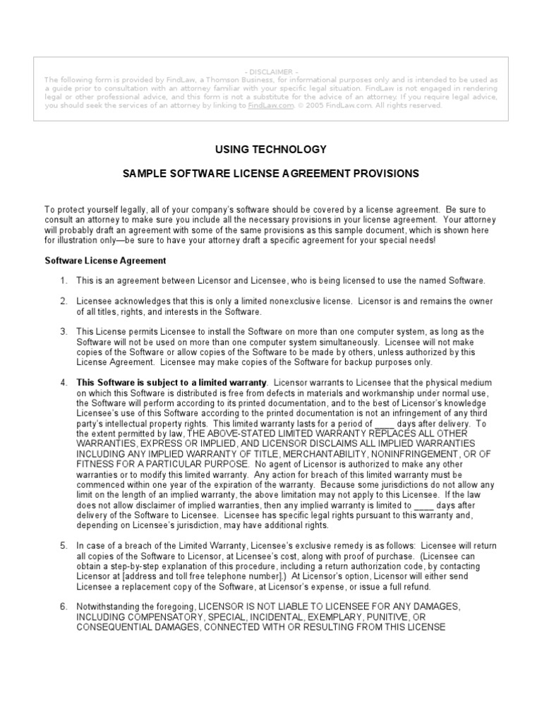 Template - Sample Software License Agreement Provisions | PDF | License ...