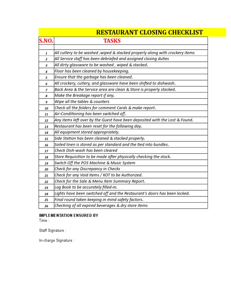 Restaurant Closing Checklist: S.No. Tasks | PDF