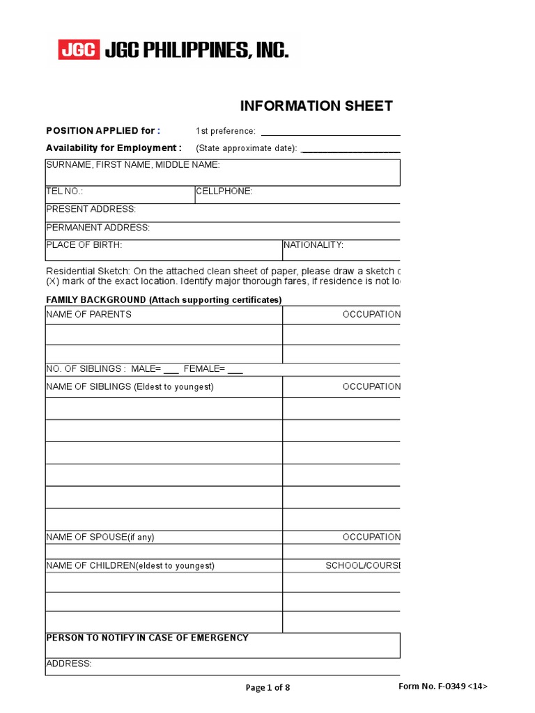 Information Sheet: Availability For Employment: Position Applied For ...