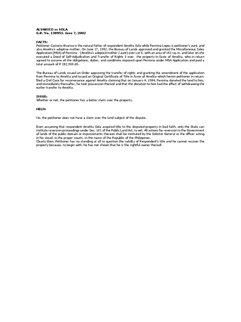 Alvarico Vs Sola | PDF