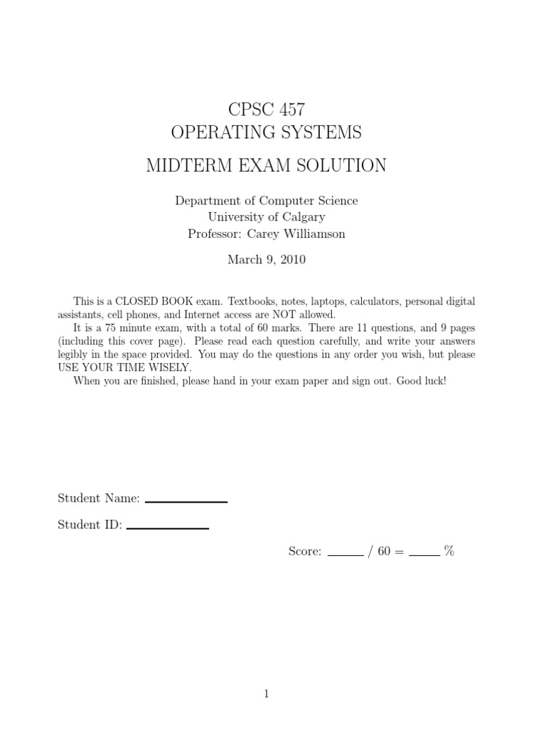 CPSC 457 Operating Systems Midterm Exam Solution | PDF | Thread (Computing) | Process (Computing)
