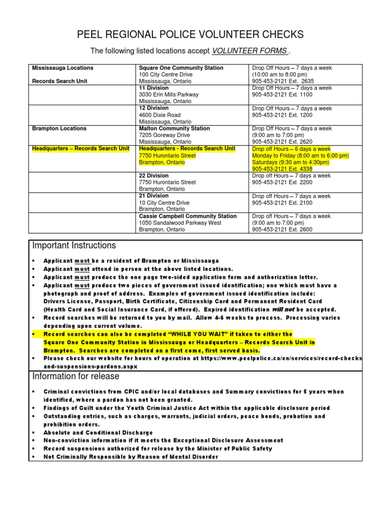 Peel Regional Police Volunteer Checks Locations | PDF | Identity ...