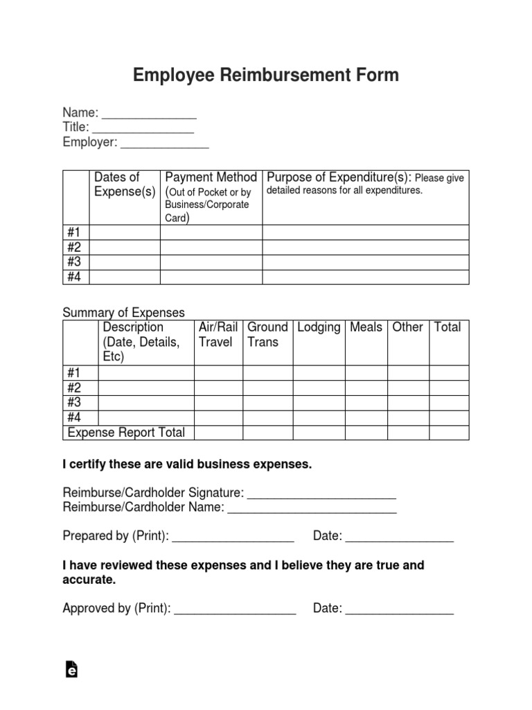 Employee Reimbursement Form: Name: - Title: - Employer | PDF