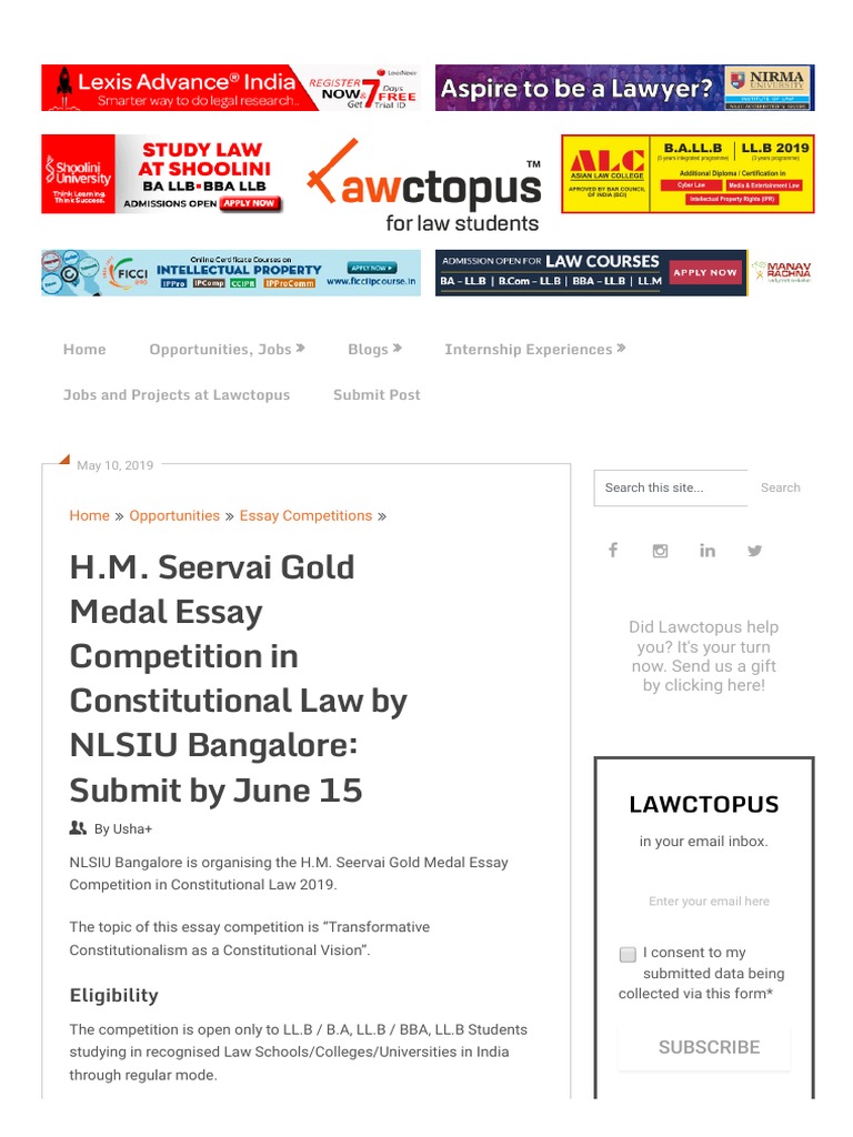H.M. Seervai Gold Medal Essay Competition in Constitutional Law by ...